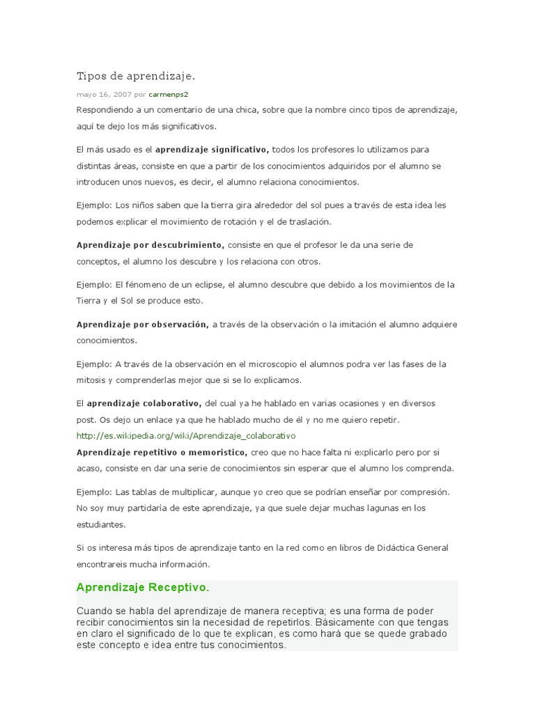 Tipos de Aprendizaje | PDF | Aprendizaje | Psicología cognitiva