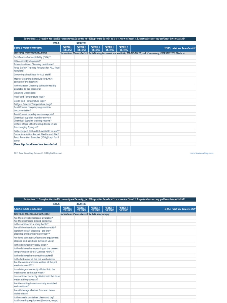 Fcs Food Safety Management Checklist 2019 Pdf Cooking Food Wine