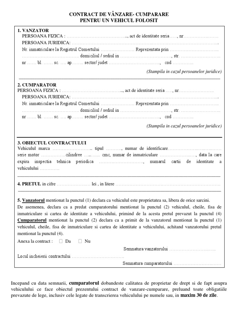 Contract de Vanzare Cumparare Pentru Un Vehicul Folosit | PDF
