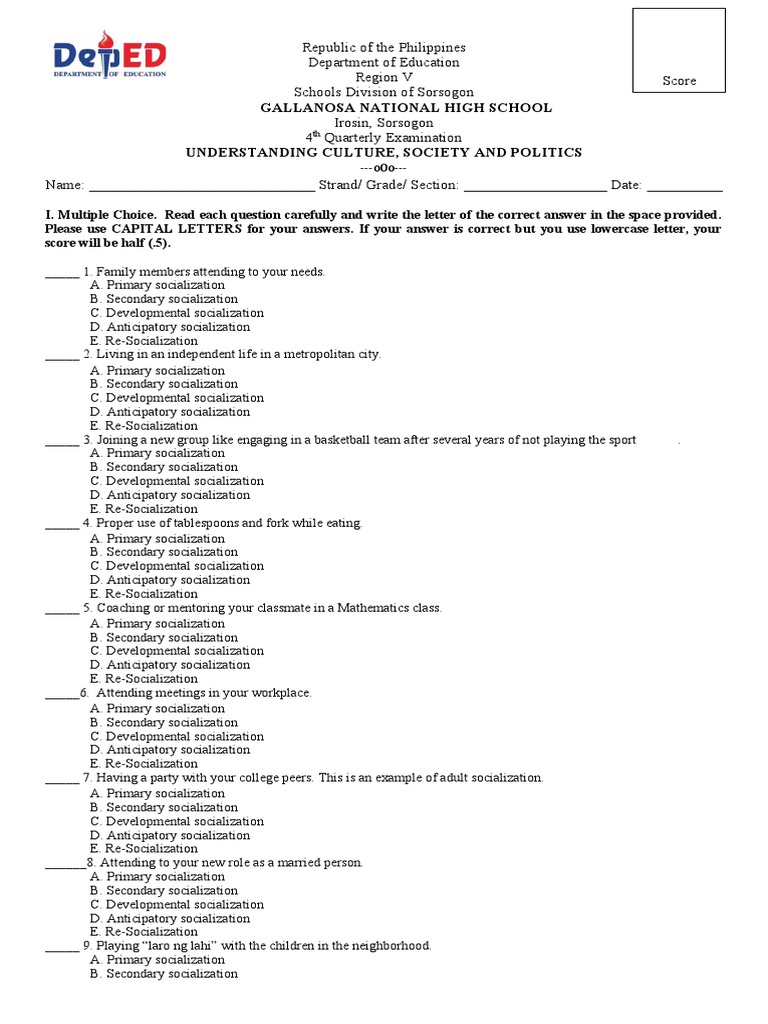 Ucsp First Quarterly Exam | PDF | Socialization | Psychological Concepts