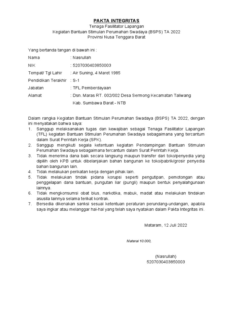Pakta Integritas TFL BSPS 2022 NTB | PDF