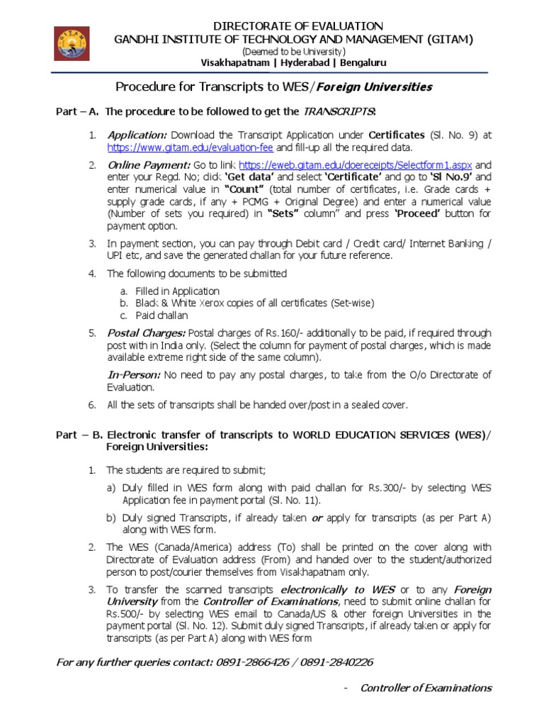 Procedure Transcripts WES Foreign Universities | PDF | Payments | Mail