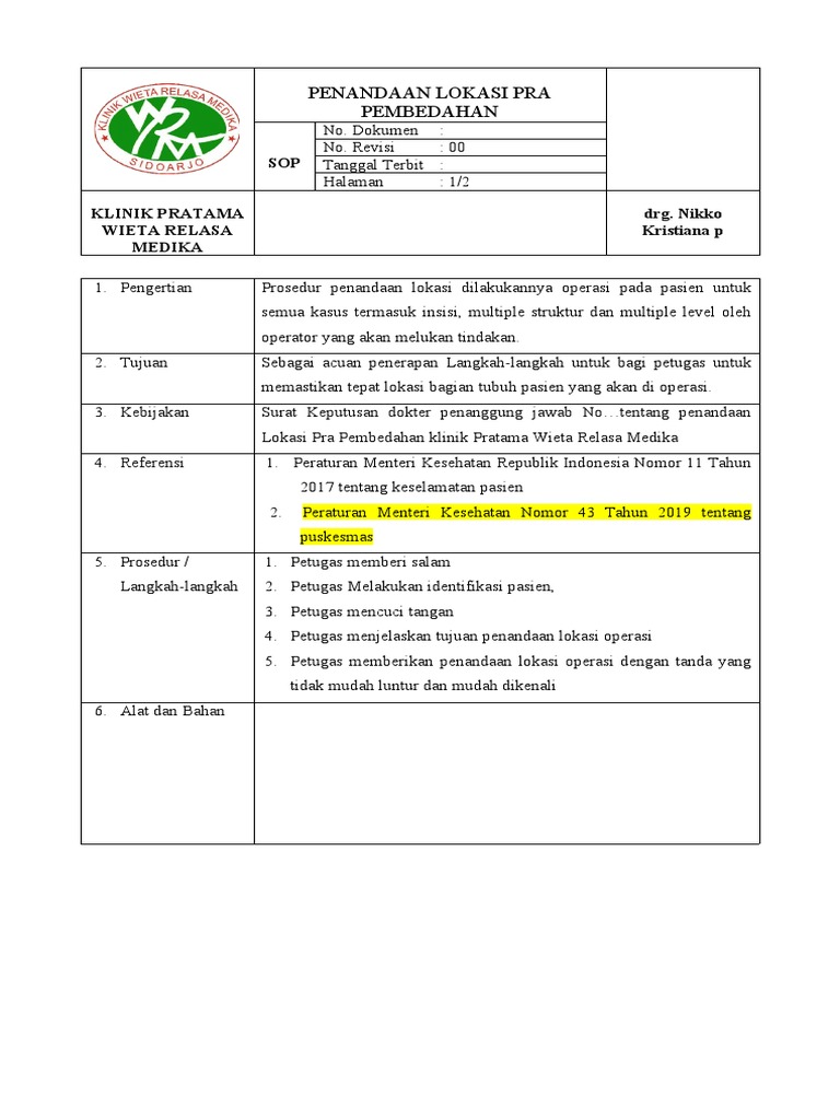 Sop Penandaan Lokasi Pra Pembedahan | PDF