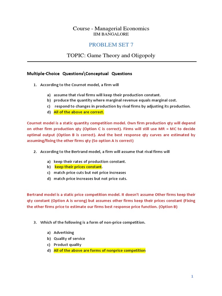 ME - Problem Set 7 - Solution Key | PDF | Oligopoly | Profit (Economics)