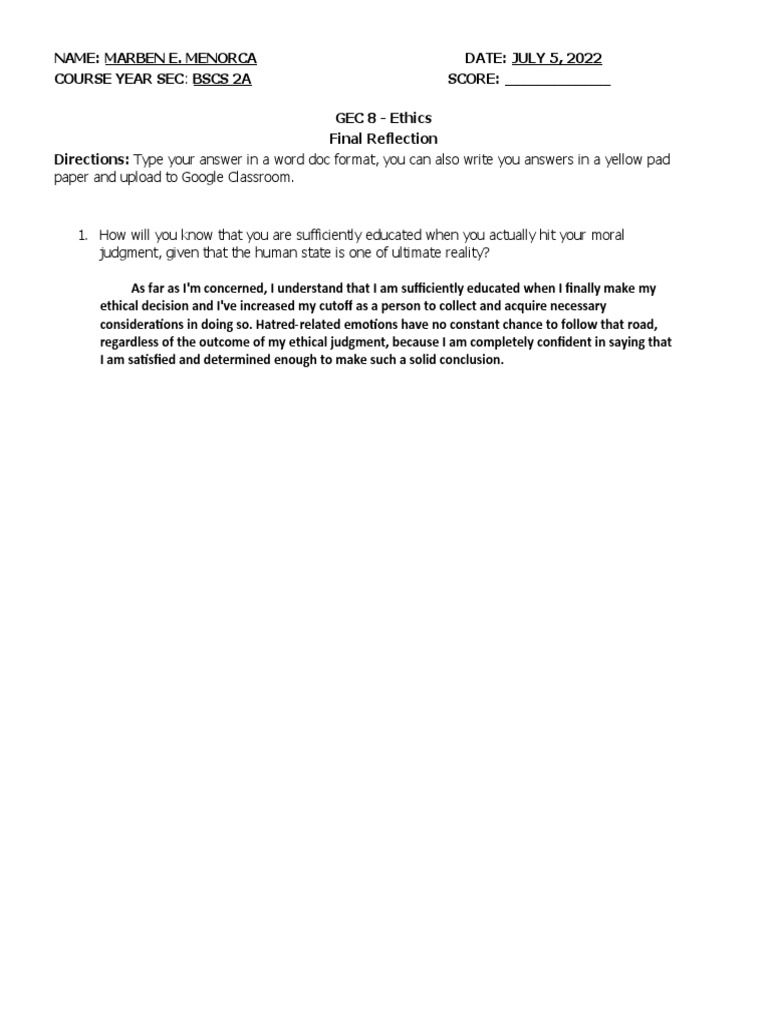 MARBEN E. MENORCA BSCS 2A GEC 8 Final Reflection | PDF | Information ...