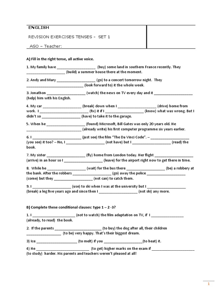 Revision Exercises Tenses Advanced Worksheet Templates Layouts - 132552 ...