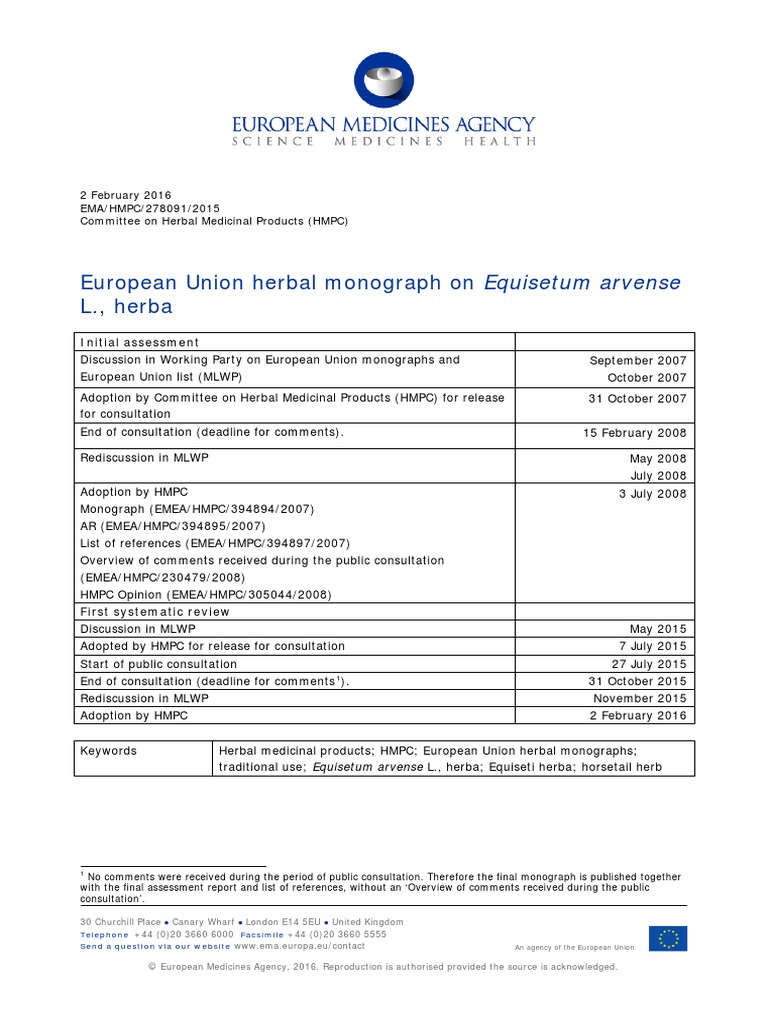 Final European Union Herbal Monograph Equisetum Arvense L Herba - en | PDF