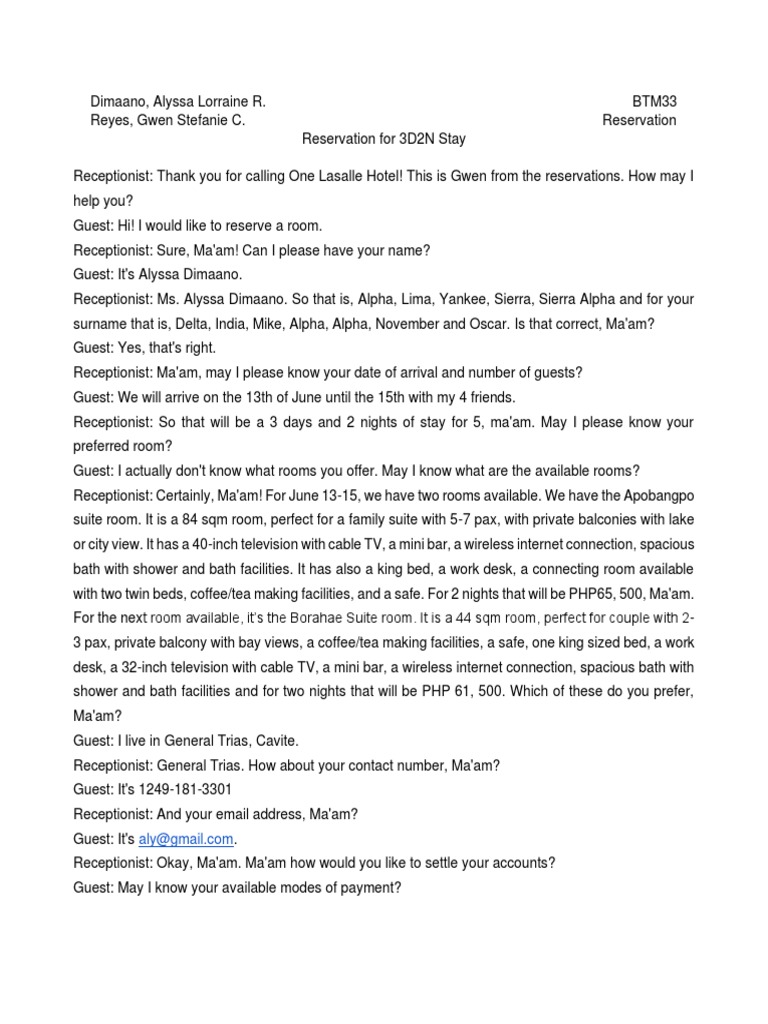Hotel Reservation Dialogue | PDF