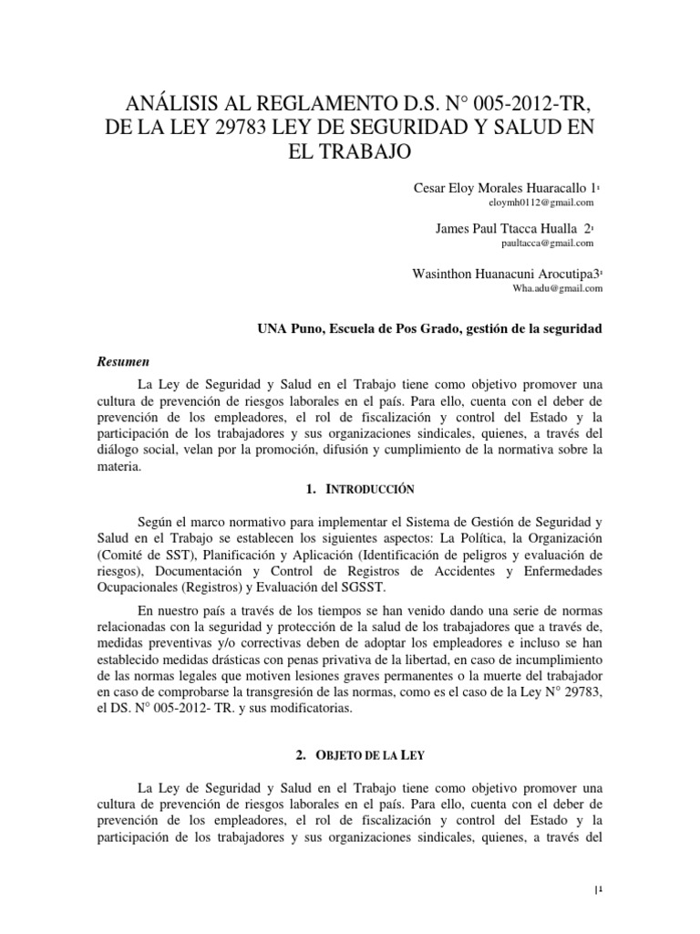 Análisis Al Reglamento D.S. #005-2012-TR, de La Ley 29783 | PDF | Valores | Seguridad y salud ...