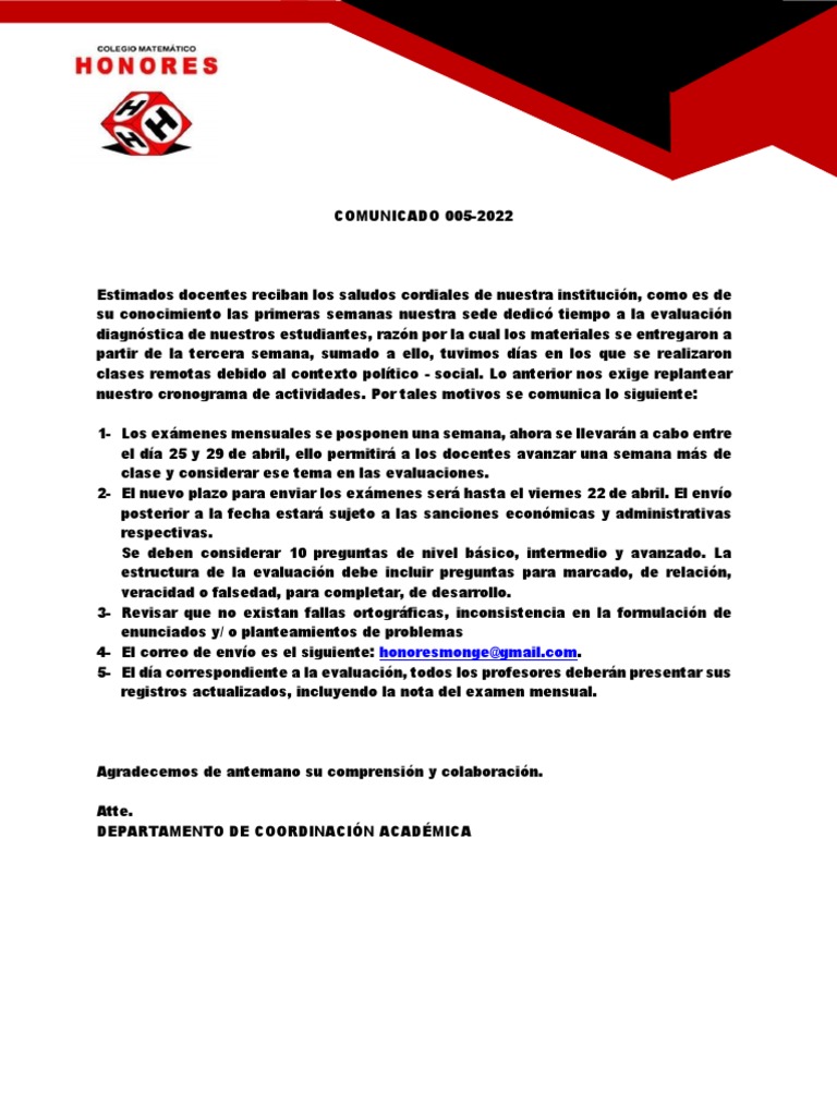 Comunicado 005 - 2022 | PDF