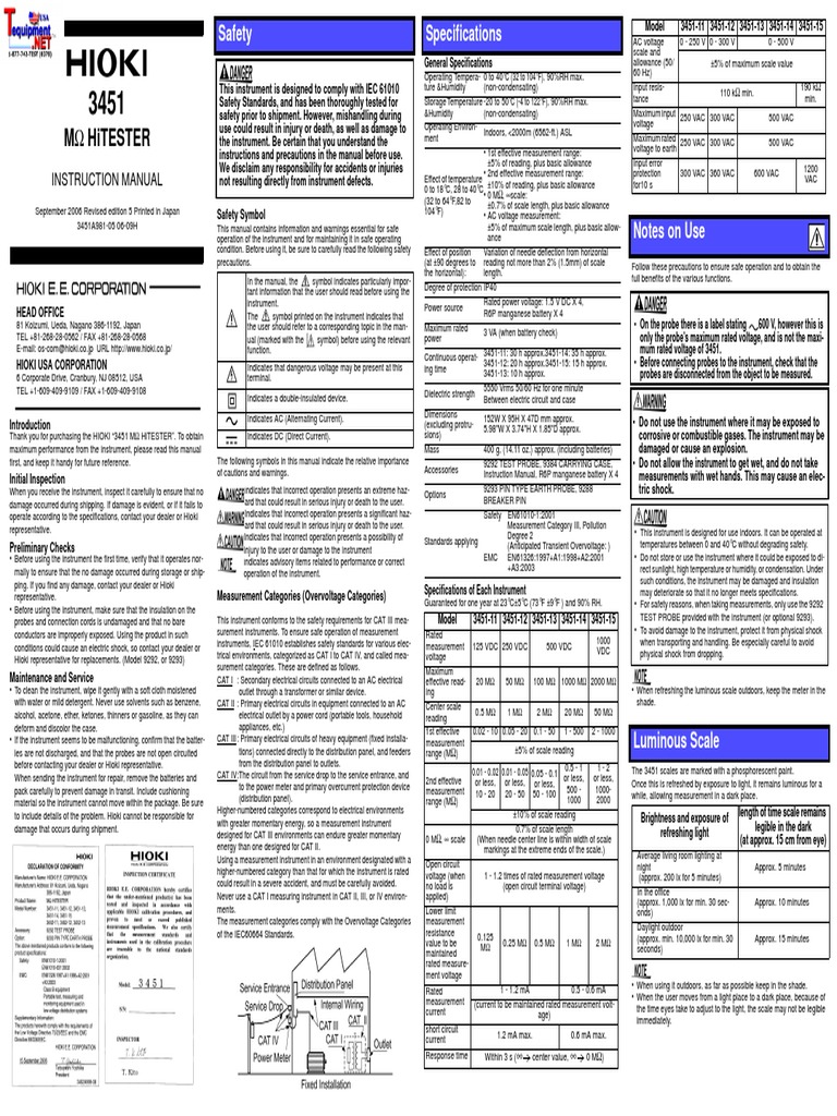 Hioki 3451 Manual de Instrucciones 09-2006 | PDF