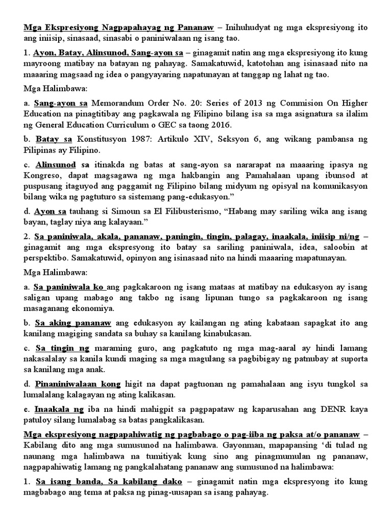 Mga Ekspresiyong Nagpapahayag NG Pananaw | PDF