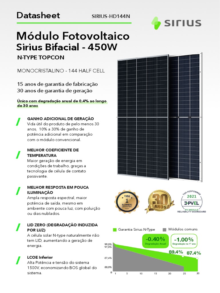 Datasheet Modulo Sirius Bifacial 450w 144 Halfcell | PDF | Célula solar | Engenharia Elétrica