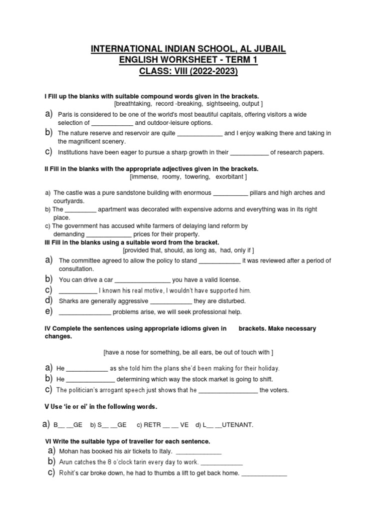 Class - 8 English Half Yearly Revision Worksheet - Grammar &vocabulary ...