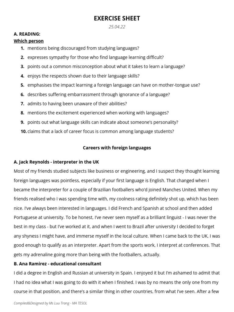 HQ - Monday Exercise Sheet 25.04.22 | PDF | Foreign Language | Linguistics HQ - Monday Exercise Sheet 25.04.22 | PDF | Foreign Language | Linguistics