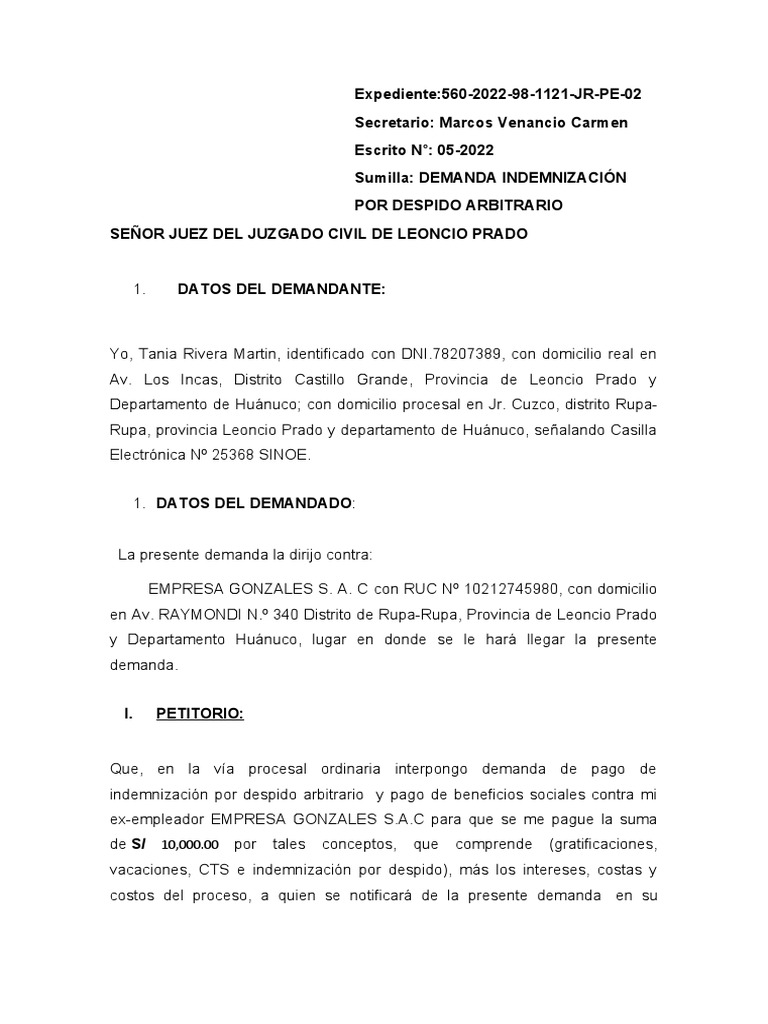 Demanda de indemnización por despido arbitrario y pago de beneficios sociales | PDF | Demanda ...