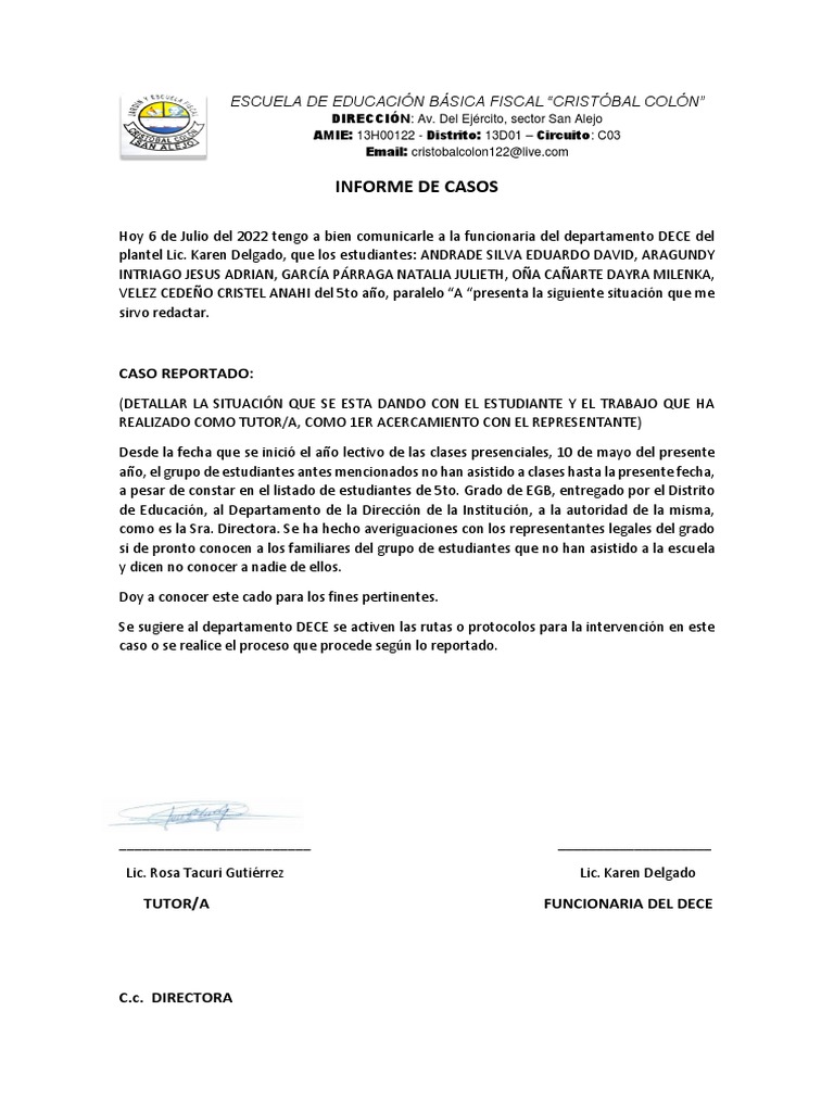 Formato de Reporte Estudiantes Inasistentes | PDF