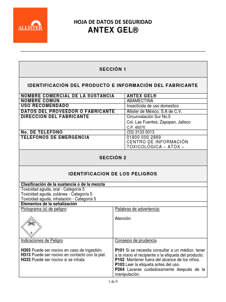 ANTEX GEL Hoja de Seguridad | PDF | Agua | Agua subterránea