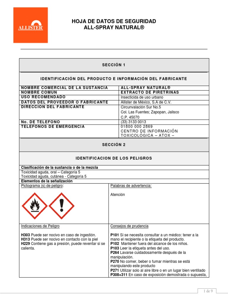 Hoja de Seguridad - All Spray Natural - Ghs | Descargar gratis PDF | Agua subterránea ...