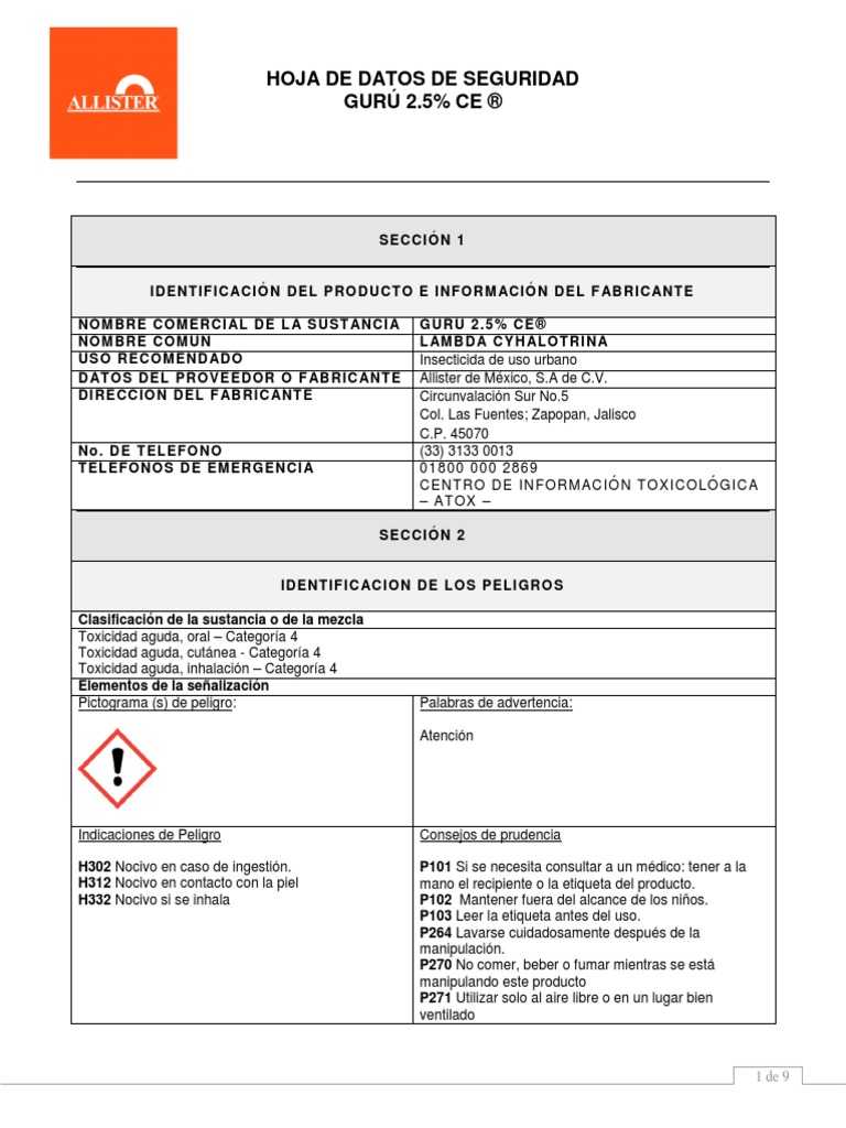 Hoja de Seguridad - GURU 2.5 (GHS) | PDF | Pesticida | Contaminación