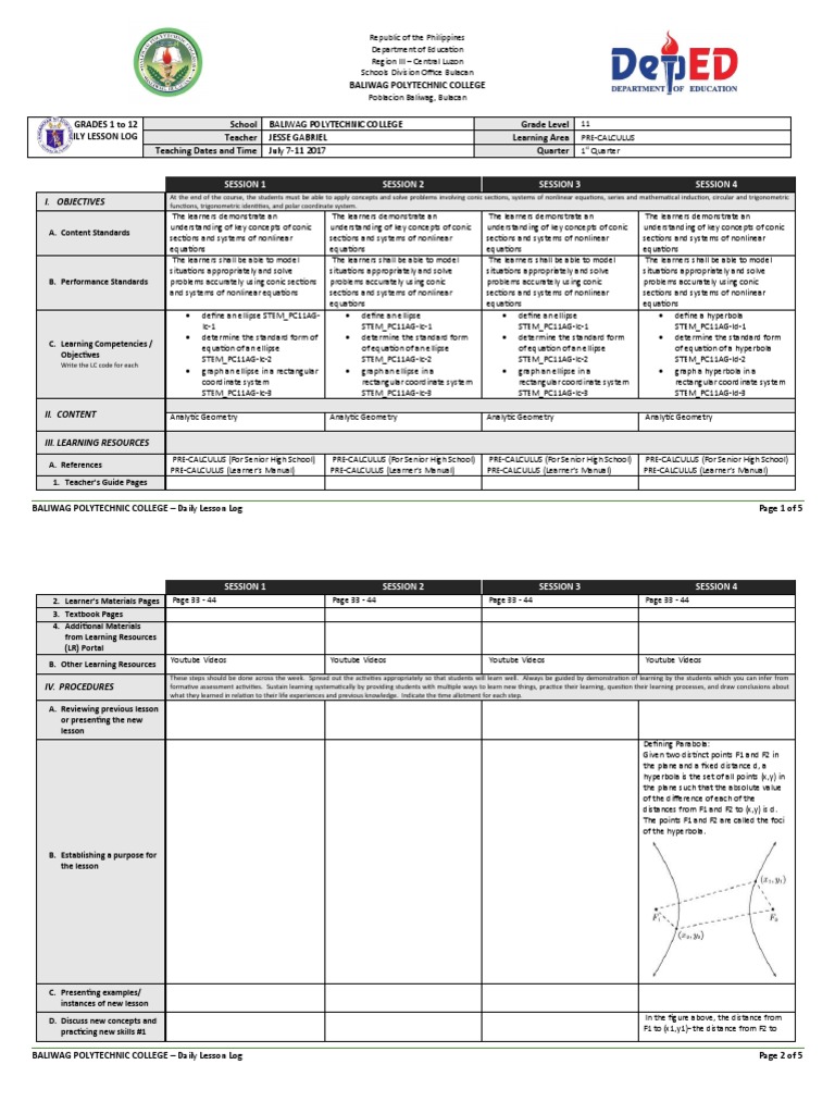 Pre-Calculus Daily Lesson Log for Grade 11 | PDF
