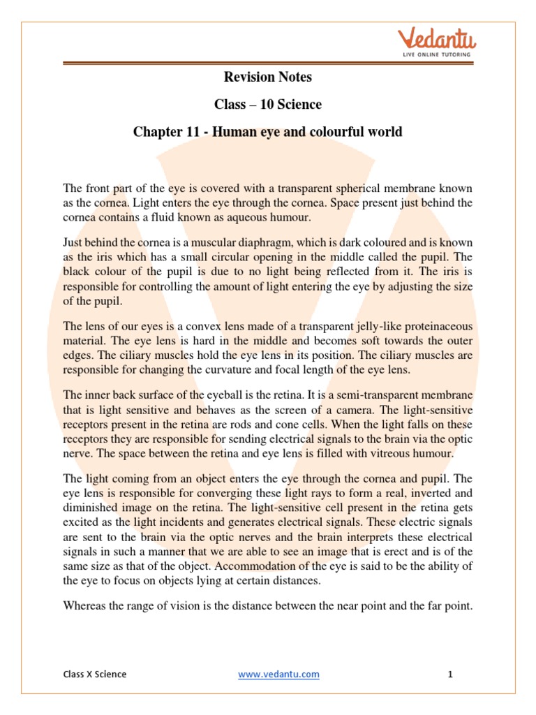 Class 10 Science Chapter 11 Revision Notes | PDF | Eye | Human Eye