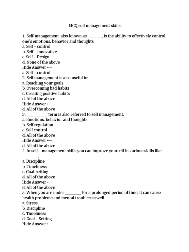 MCQ Self Management Skills MCQ | PDF | Stress (Biology) | Motivational