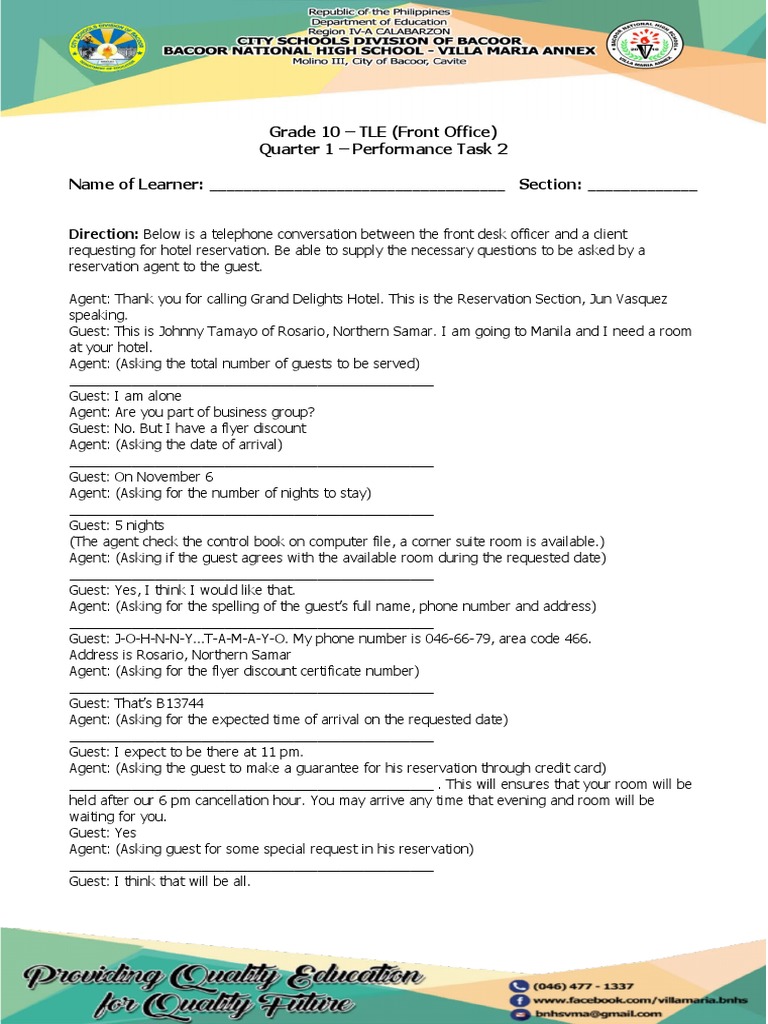 Grade 10 - TLE (Front Office) Quarter 1 - Performance Task 2 Name of Learner: - Section | PDF