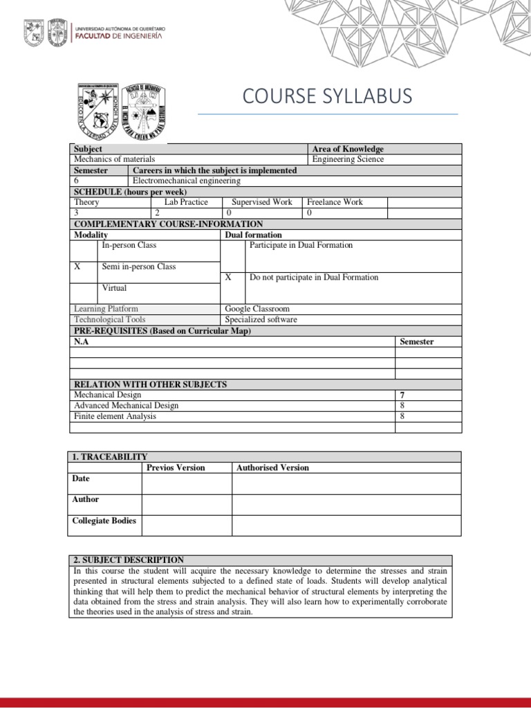 Course Syllabus - Mechanics of Materials | PDF | Bending | Beam (Structure)