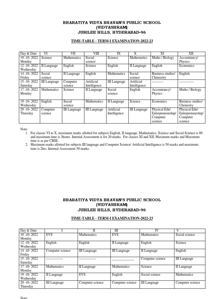 Term I - Time Table 2022-23 | PDF | Computer Science | Science
