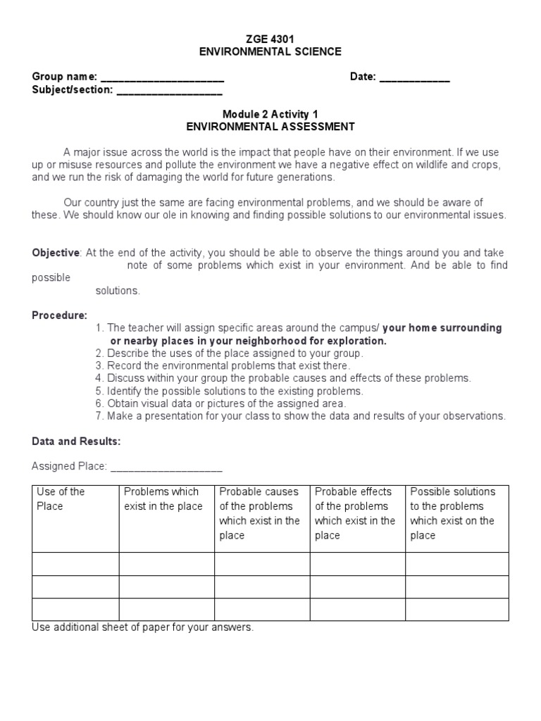 Module 2 Activity 1 Environmental Assessment 1-4 | PDF | Wellness ...
