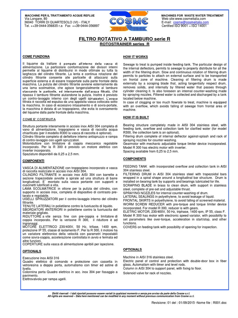 Filtro Rotativo A Tamburo Serie R | PDF