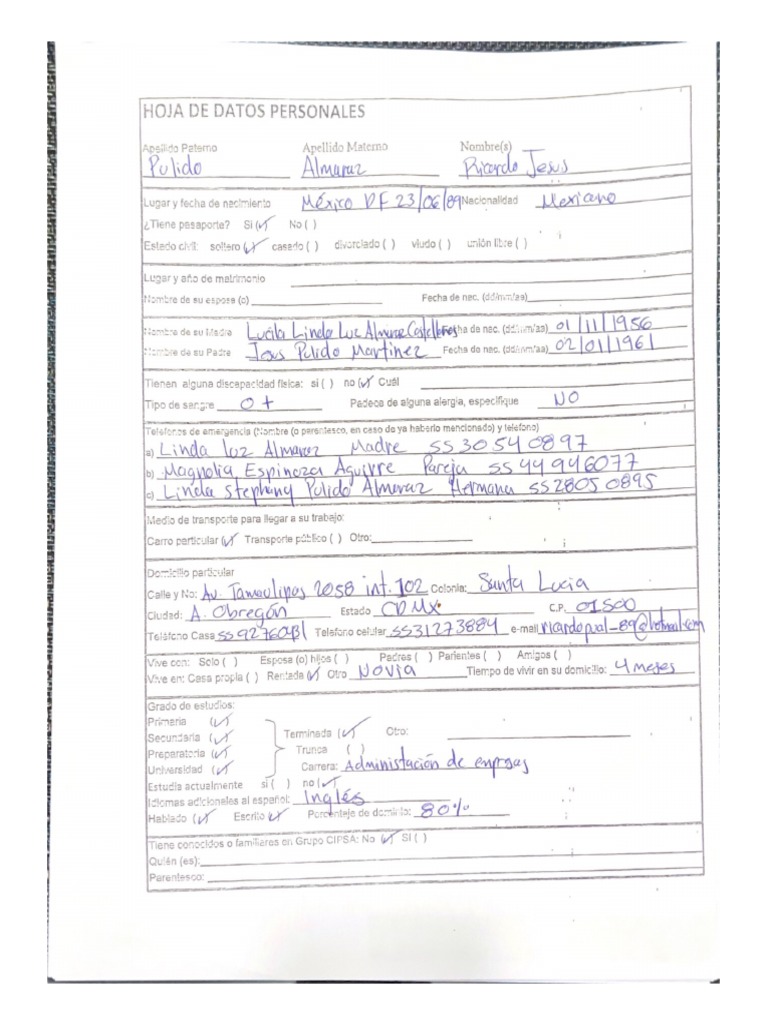 Hoja de Datos Personales | PDF