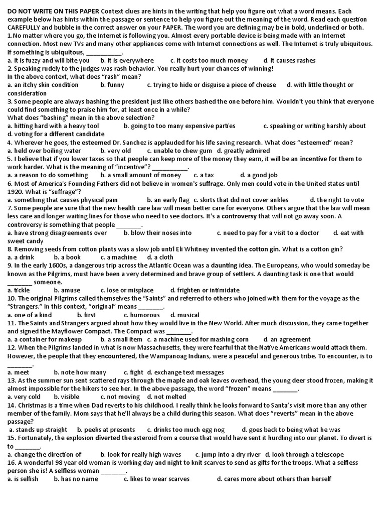 Context Clues Quiz | PDF