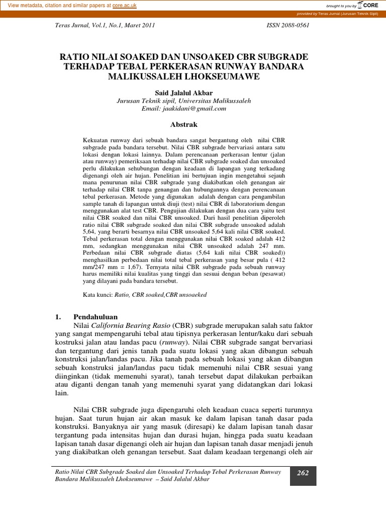 Ratio Nilai Soaked Dan Unsoaked CBR Subgrade Terhadap Tebal Perkerasan ...