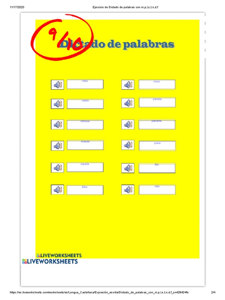 Ejercicio de Dictado de Palabras Con M, P, L, S, T, N, D, F | PDF