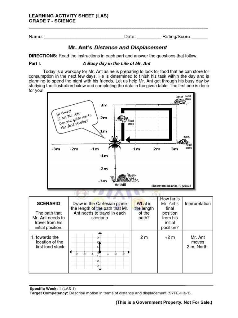 Mr. Ant's Distance and Displacement: Name: - Date: - Rating/Score | PDF | Euclidean Vector ...