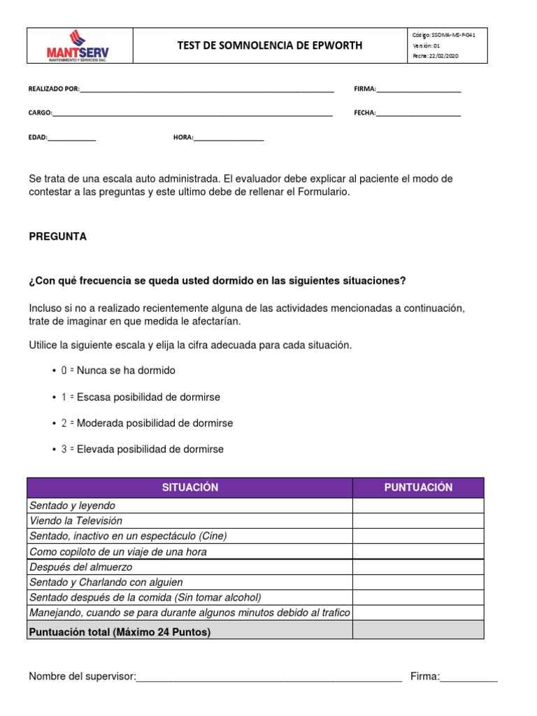 SSOMA-MS-F-041 - Test de Somnolencia de Epworth | PDF