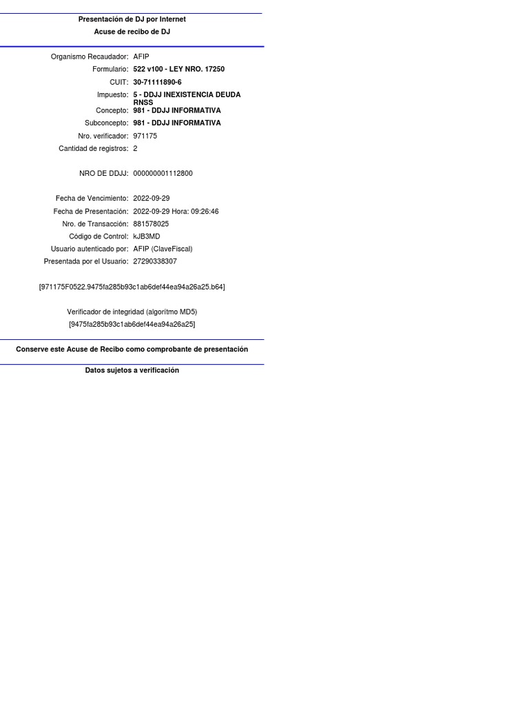 Afip Presentacion Cuit 30711118906 f522 Nrotransaccion 881578025 | PDF