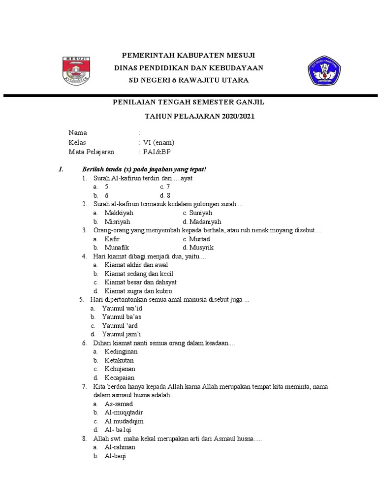 Soal Pai SD 1-5 | PDF | Agama & Spiritualitas