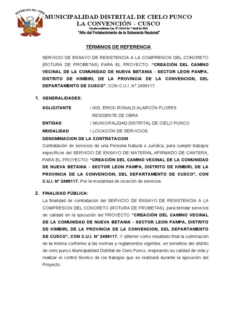 TDR de SERVICIO DE ENSAYO DE RESISTENCIA A LA COMPRESION DEL CONCRETO ... TDR de SERVICIO DE ENSAYO DE RESISTENCIA A LA COMPRESION DEL CONCRETO ...