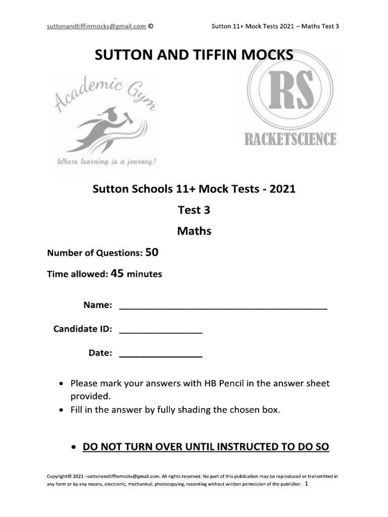 Sutton and Tiffin Mocks - SET 2021 - Test 3 - Maths | PDF