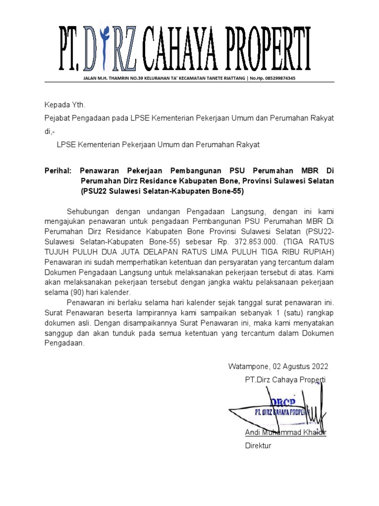 Penawaran Pembangunan PSU MBR Bone | PDF