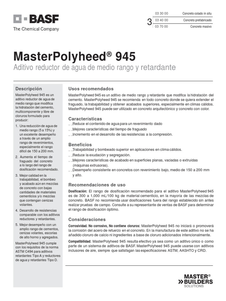 MasterPolyheed 945 TDS | PDF | Hormigón | Cemento
