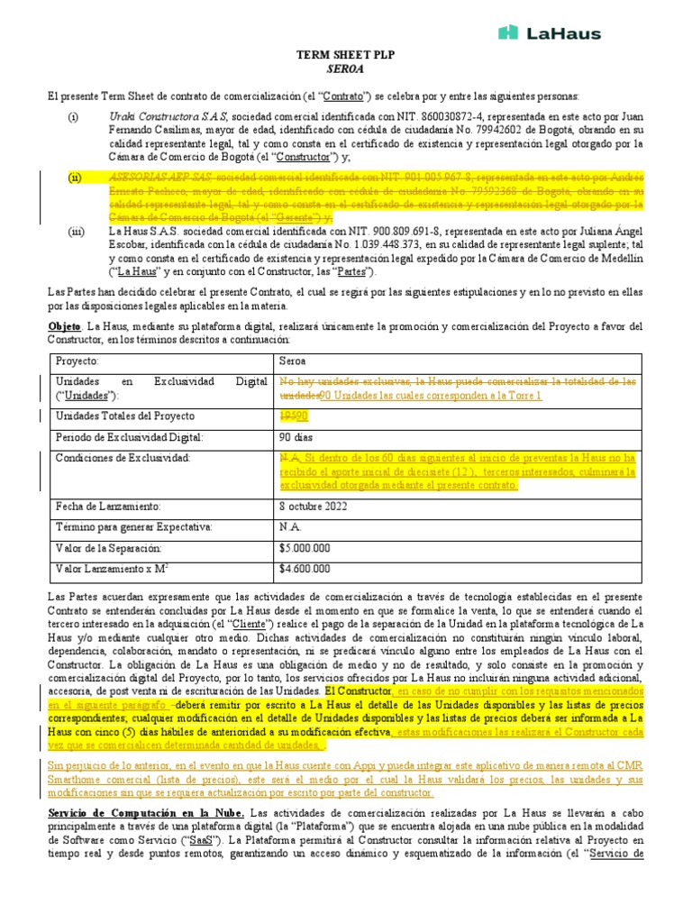 Col - Modelo Term Sheet PLP - rab.VI.3.10.22 | PDF | Computación en la ...