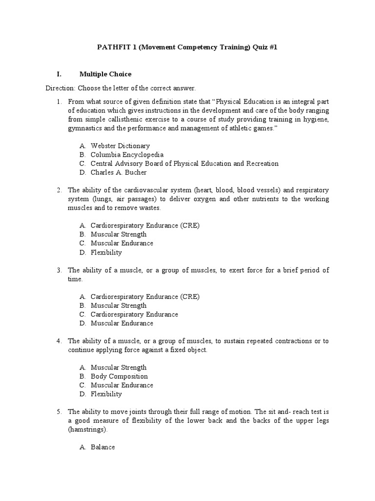 Pathfit 1 Movement Competency Quiz | PDF | Anatomical Terms Of Motion ...
