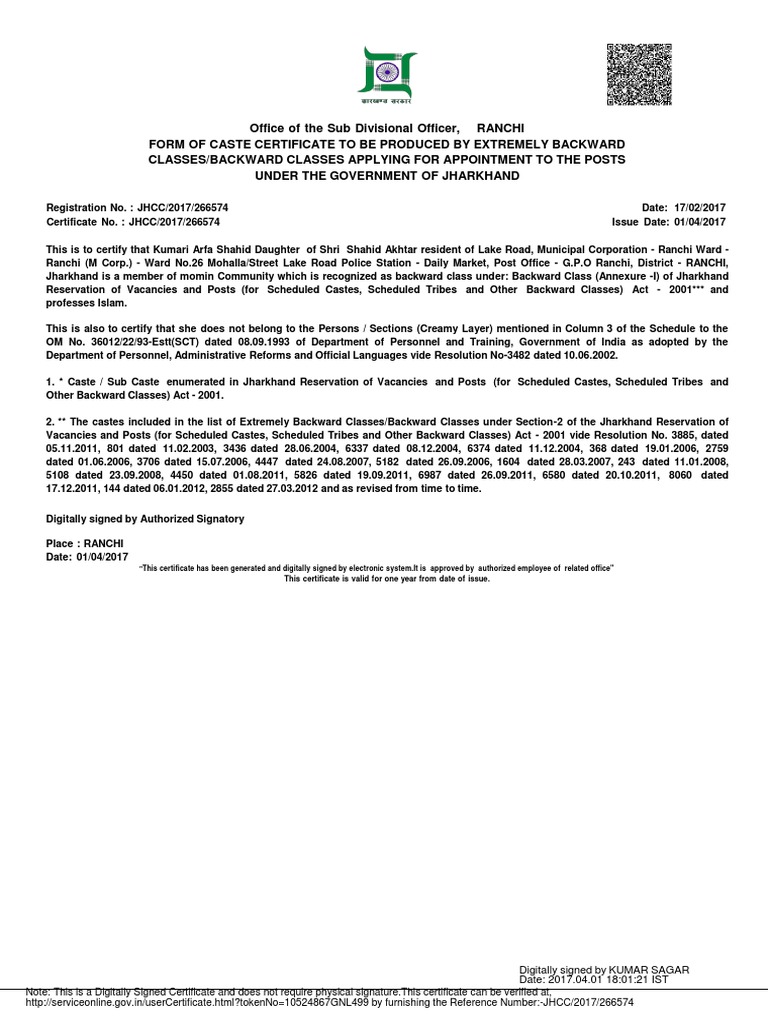 Caste Certificate for Backward Classes Applicant | PDF