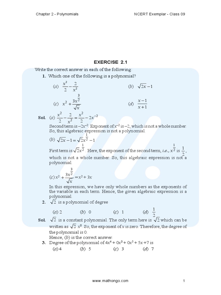 Ncert Exemplar Math Class 09 Chapter 02 Polynomials | PDF | Polynomial | Factorization