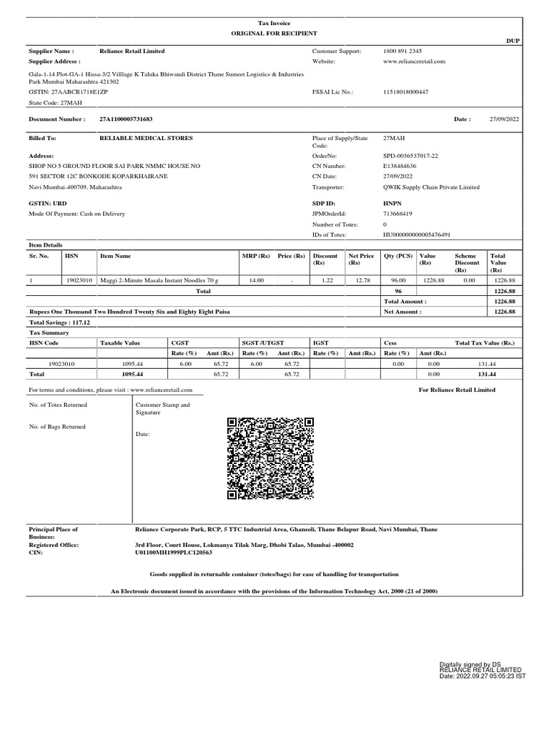 Digitally Signed by DS Reliance Retail Limited Date: 2022.09.27 05:05: ...