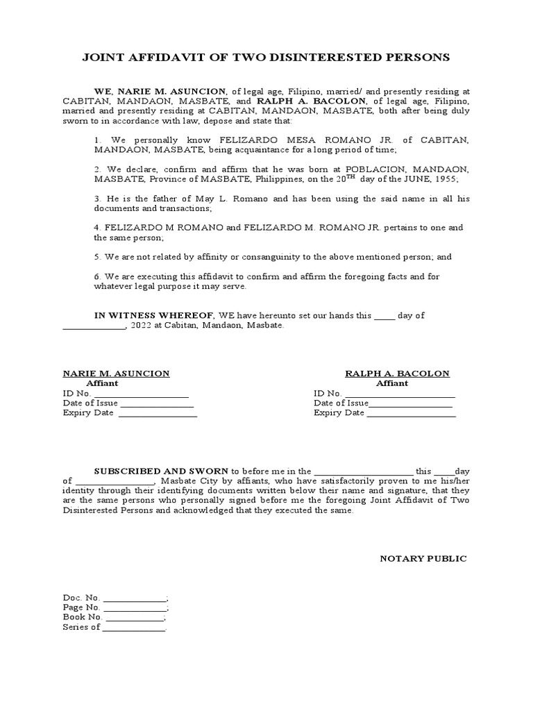 Joint Affidavit of Two Disinterested Persons | PDF
